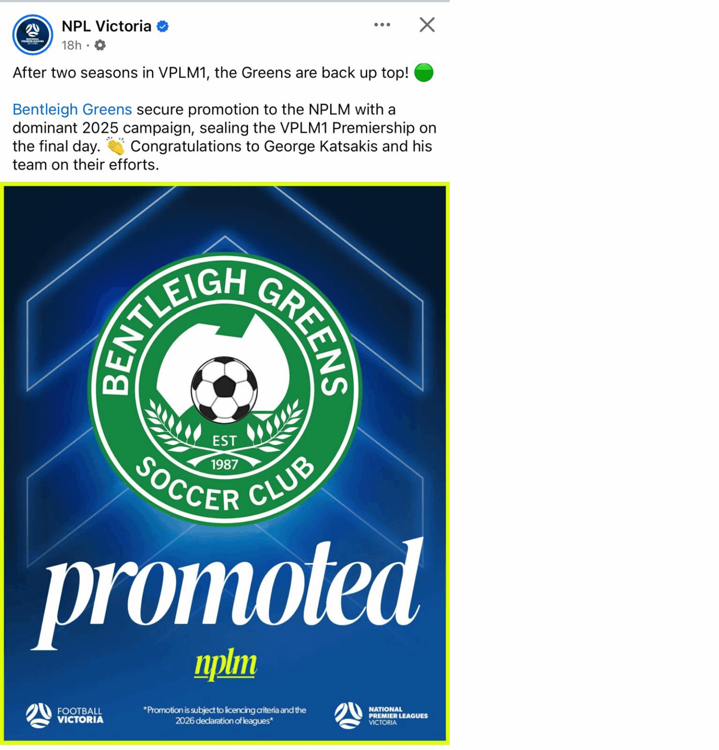 GREENS Promoted to NPL1 - Bentleigh Green Soccer Club